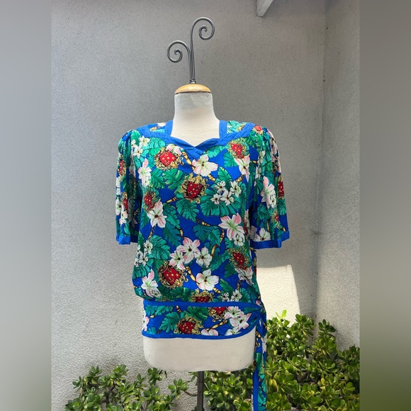 Diane Freis | Tops | Vintage Silk Blouse Blue Green Floral Diane Freis ...
